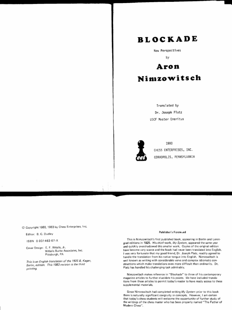Aron Nimzowitsch - Blockade - New Perspectives | PDF | Chess Theory ...