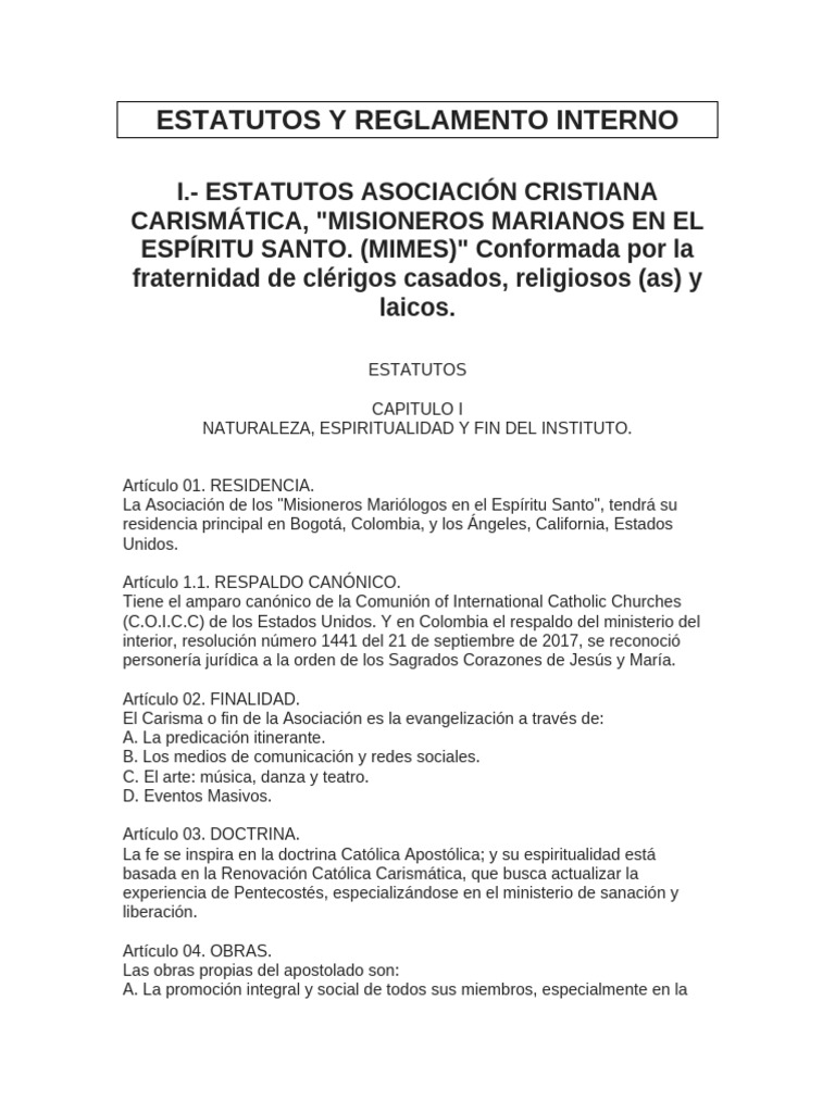 Estatutos y Reglamento Interno | PDF | obispo | eucaristía