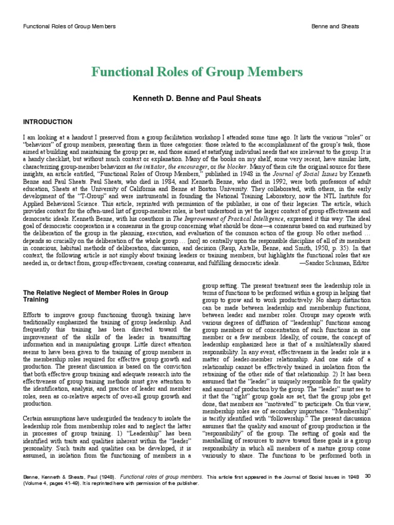 Benne Sheats 1948 Functional Roles | PDF | Leadership | Evaluation