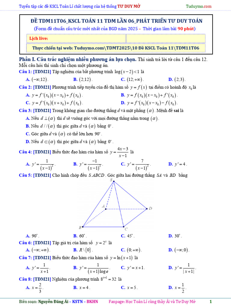Ä Á TDM11T06 - KSCL TOÃ N 11 TDM Láº N 06 - PHÃ T TRIá N TÆ DUY TOÃ N 11 | PDF