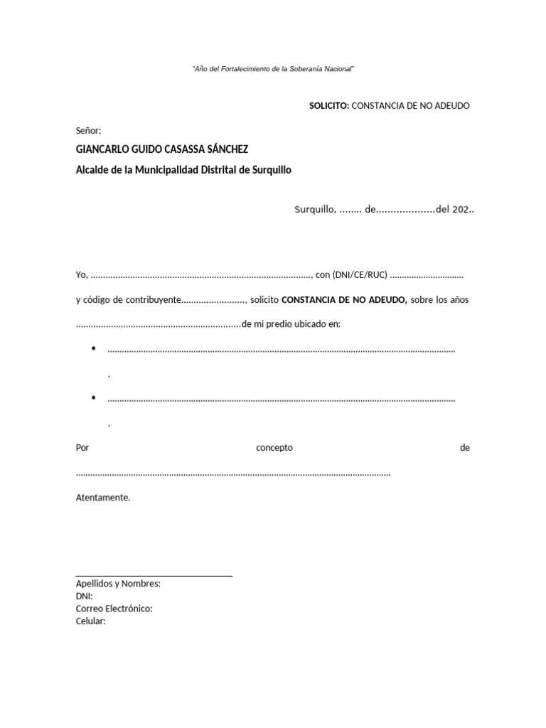 Formulario - Sol Constancia de No Adeudo PDF | PDF