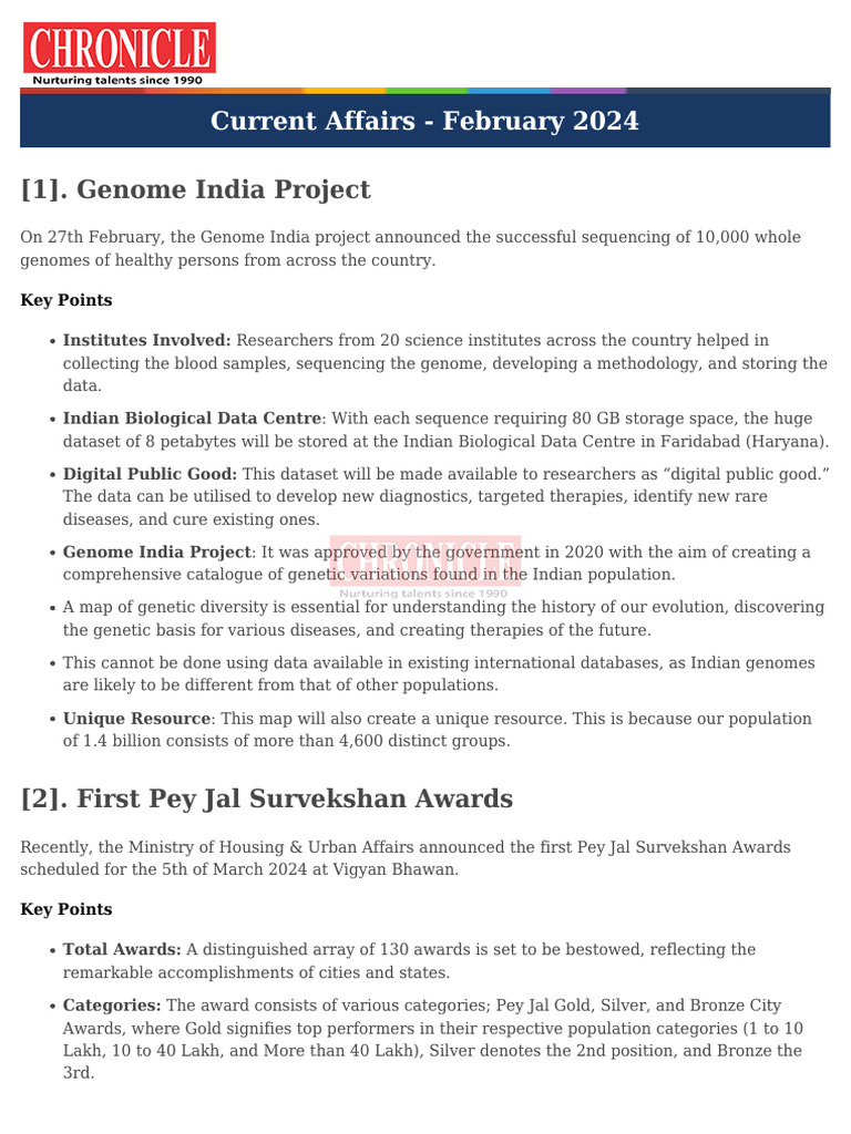 Current Affairs February 2024 | PDF | Solar Flare | Sun
