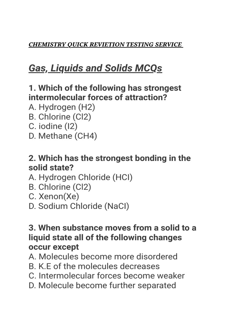 Chemistry Quick Revision MCQs | PDF | Pressure | Liquids