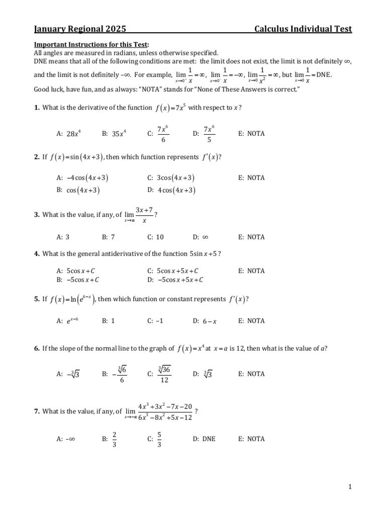 Calculus Individual Test - January 2025 | PDF | Function (Mathematics ...