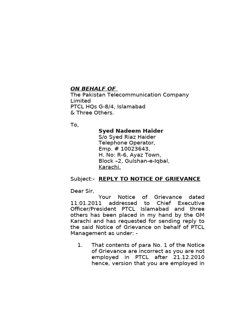 PTCL Response to Grievance Notice | PDF | Justice | Crime & Violence