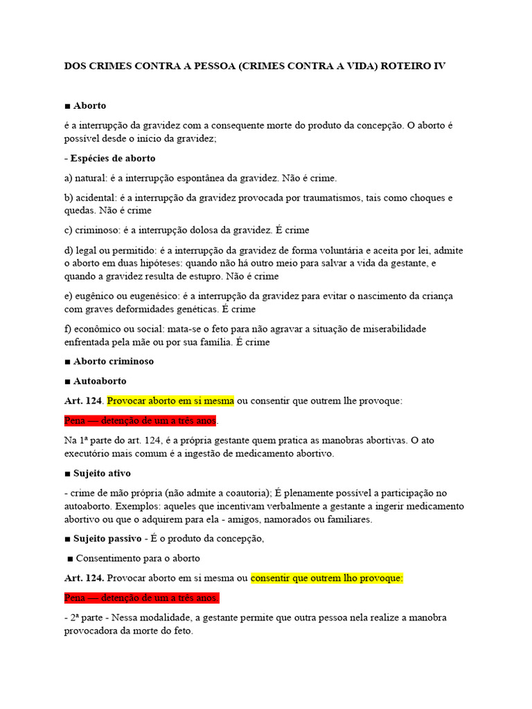 Dos Crimes Contra A Pessoa (Crimes Contra A Vida) Roteiro IV | PDF | Crimes | Crime e Violência