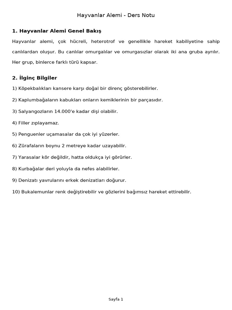 Hayvanlar Alemi Ders Notu | PDF