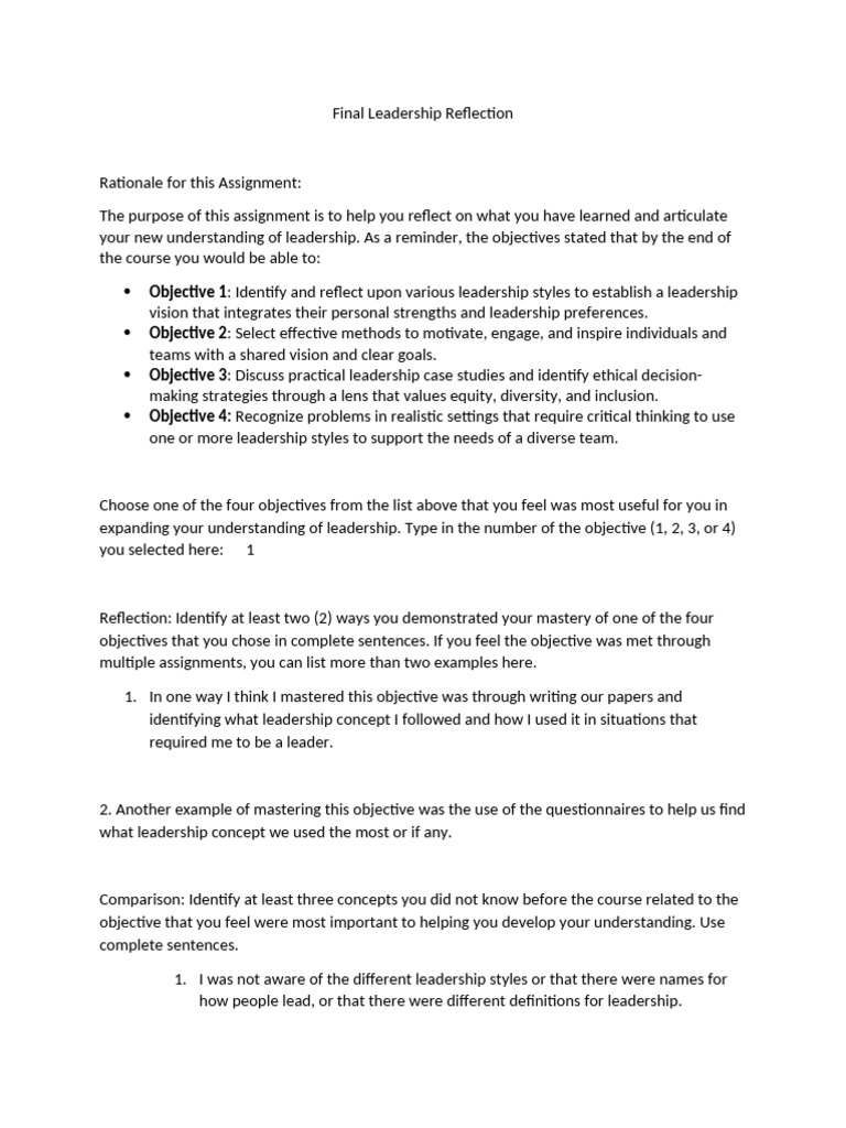 Leadership Reflection and Insights | PDF | Leadership | Concept