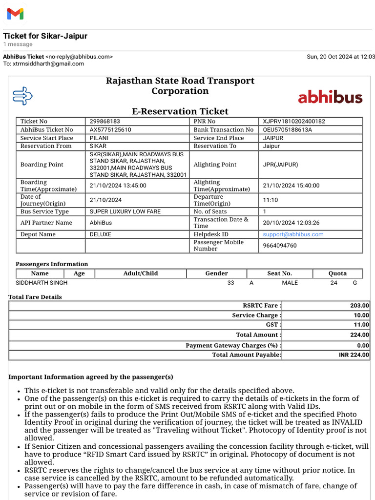 Gmail - Ticket For Sikar-Jaipur | PDF | Transport | Public Transport