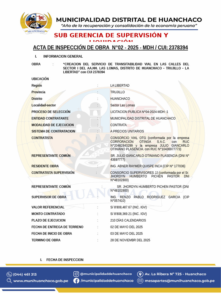 Acta de Inspección de Obra N°01 - 2025 - MDH - Cui - Pistas Las Lomas I | PDF