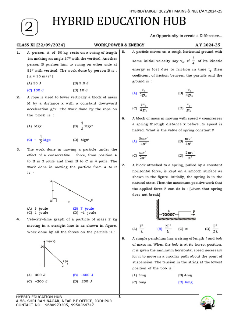 Work Power Energy DPP 2 | PDF | Force | Mass