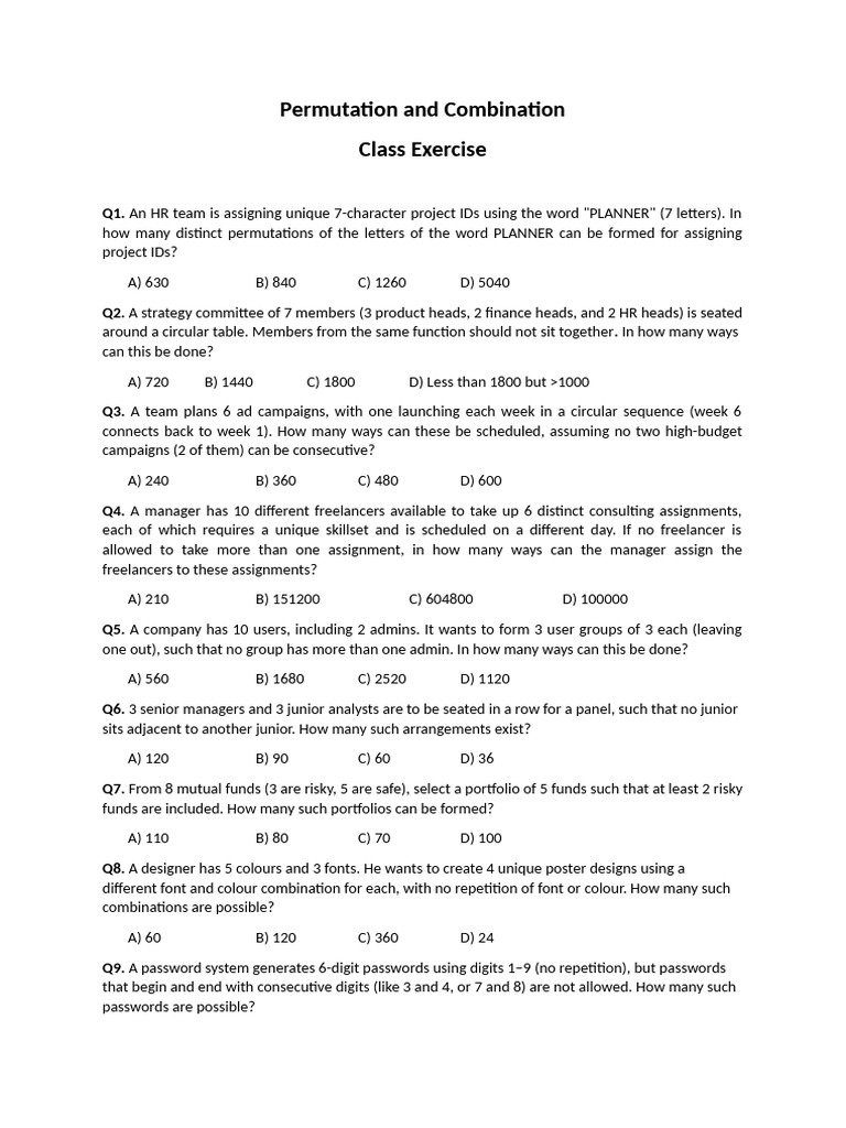 Permutation and Combination Class Excercise - Questions | PDF | Mentorship