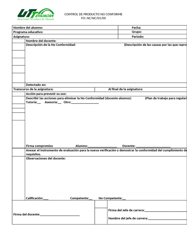 Formato de Control de PNC | PDF