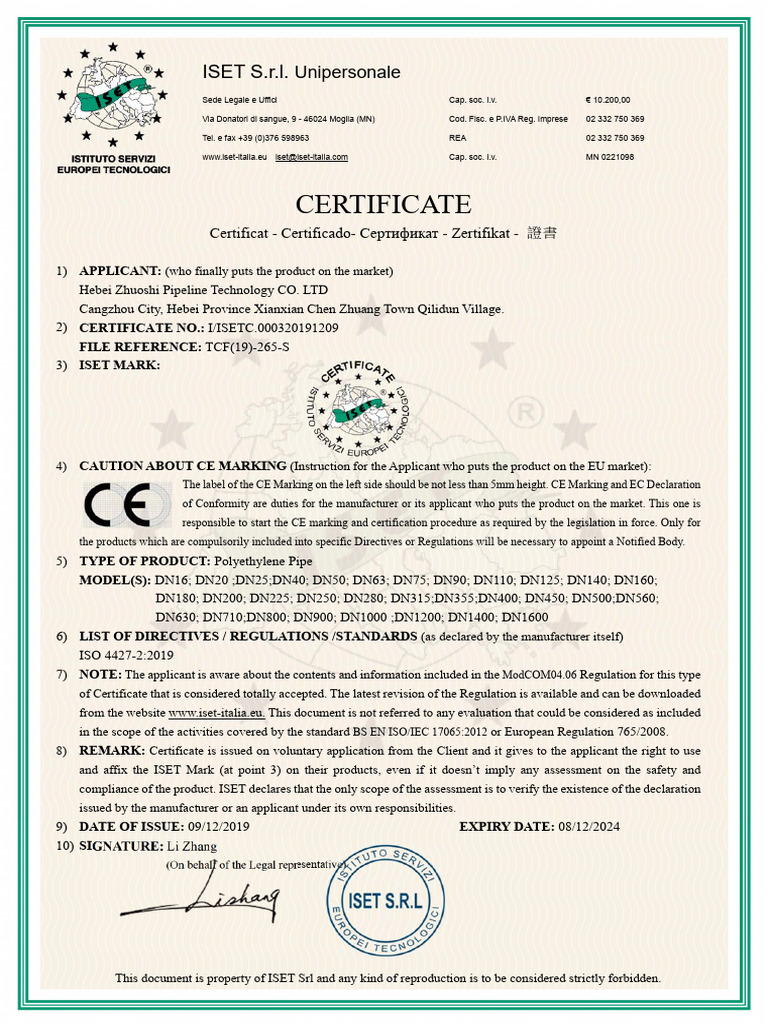 ISET Certification for Polyethylene Pipe | PDF | Regulation