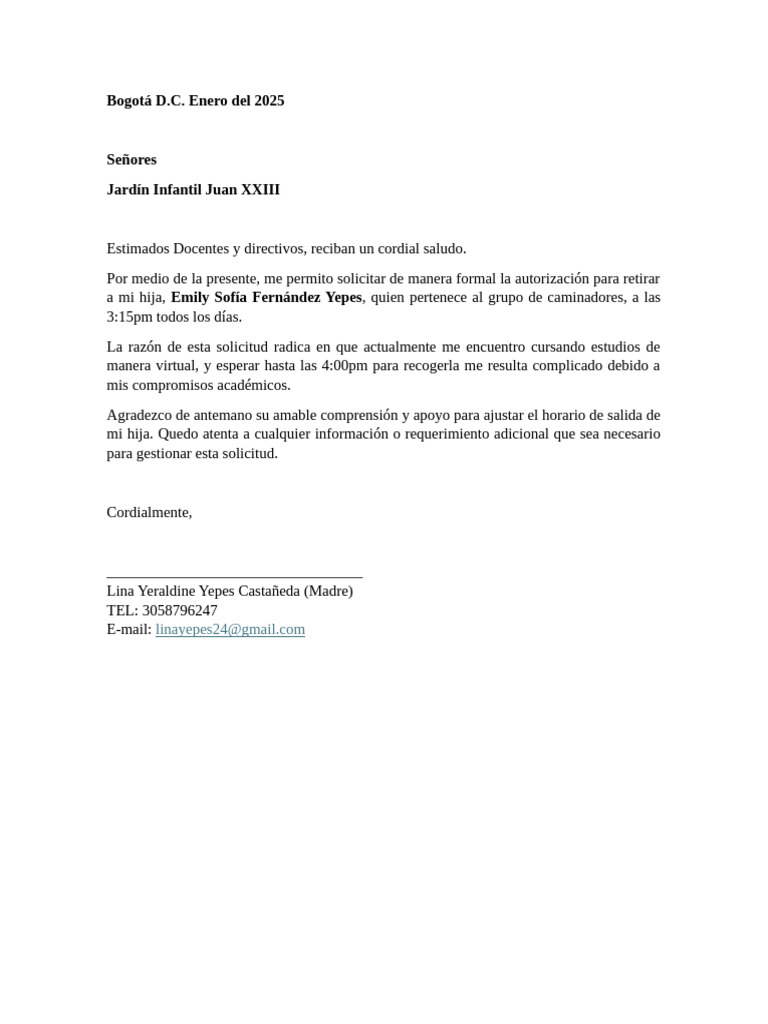 Carta Salida Sofi | PDF