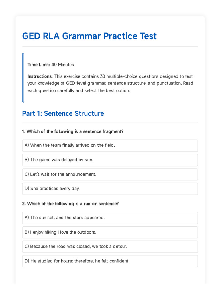 GED RLA Grammar Practice Test | PDF | Comma | Punctuation