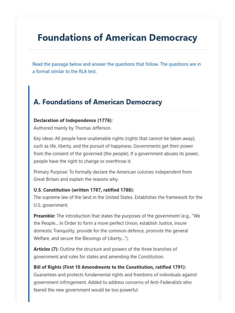 Foundations of American Democracy - RLA Practice | PDF | Fifth ...