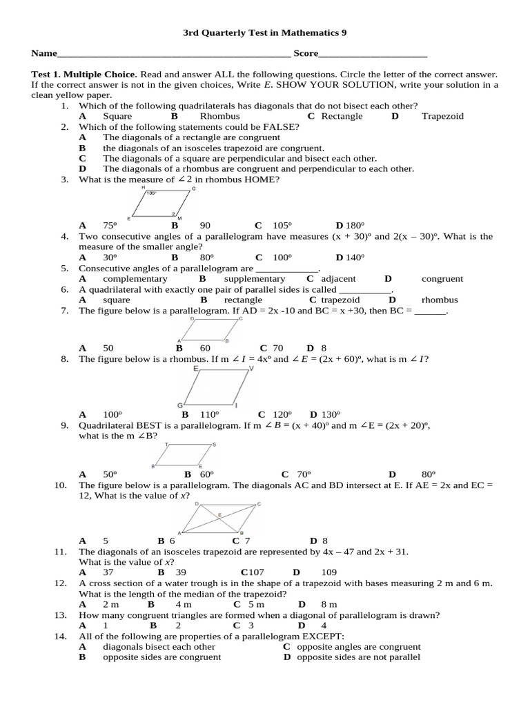 Grade 9 Math Third Quarter Examination | PDF | Rectangle | Elementary ...