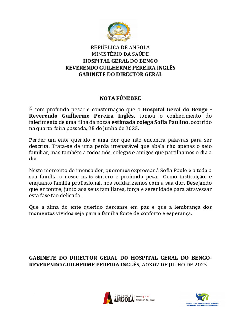 Nota Fúnebre Da Filha Da Colega Sofia 2025 | PDF