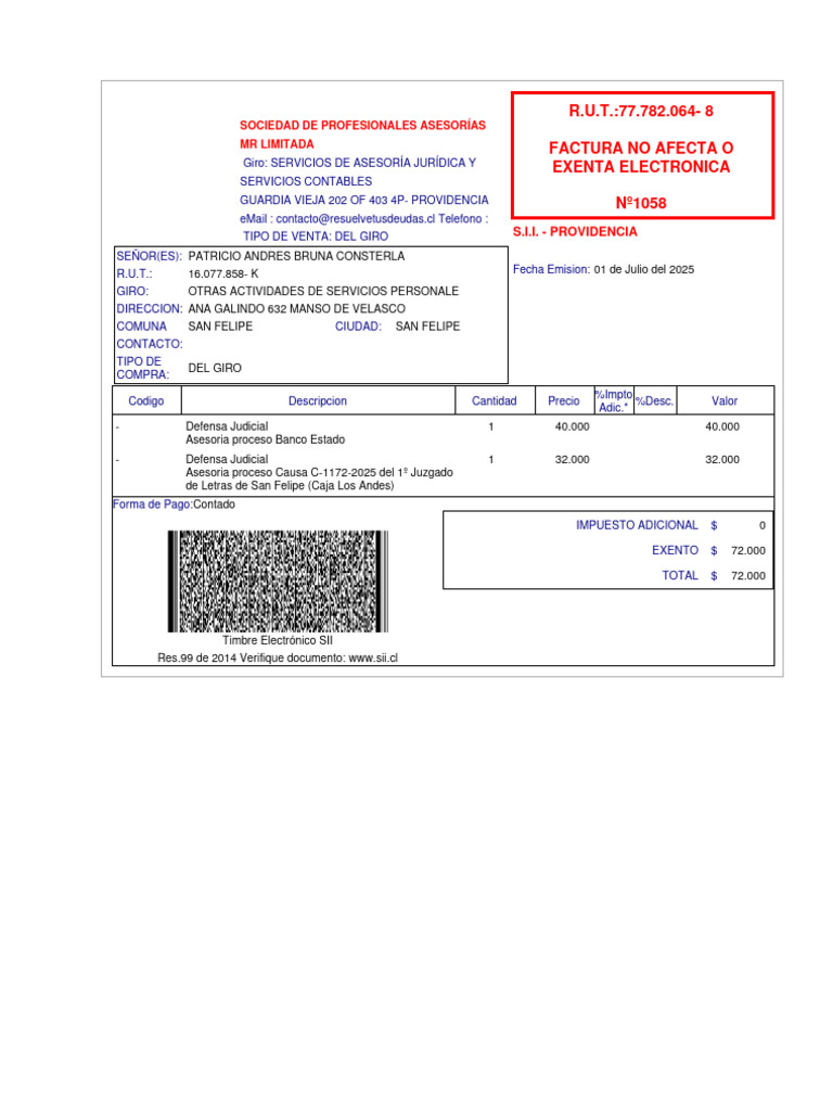 R.U.T.:77.782.064-8 Factura No Afecta O Exenta Electronica Nº1058 | PDF