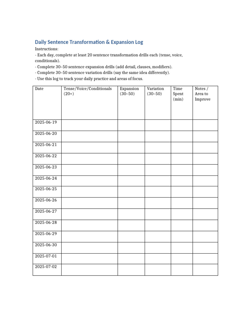 Sentence Transformation Practice Log | PDF