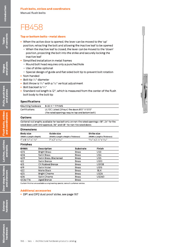Ives Manual Flush Bolt FB458 Data | PDF