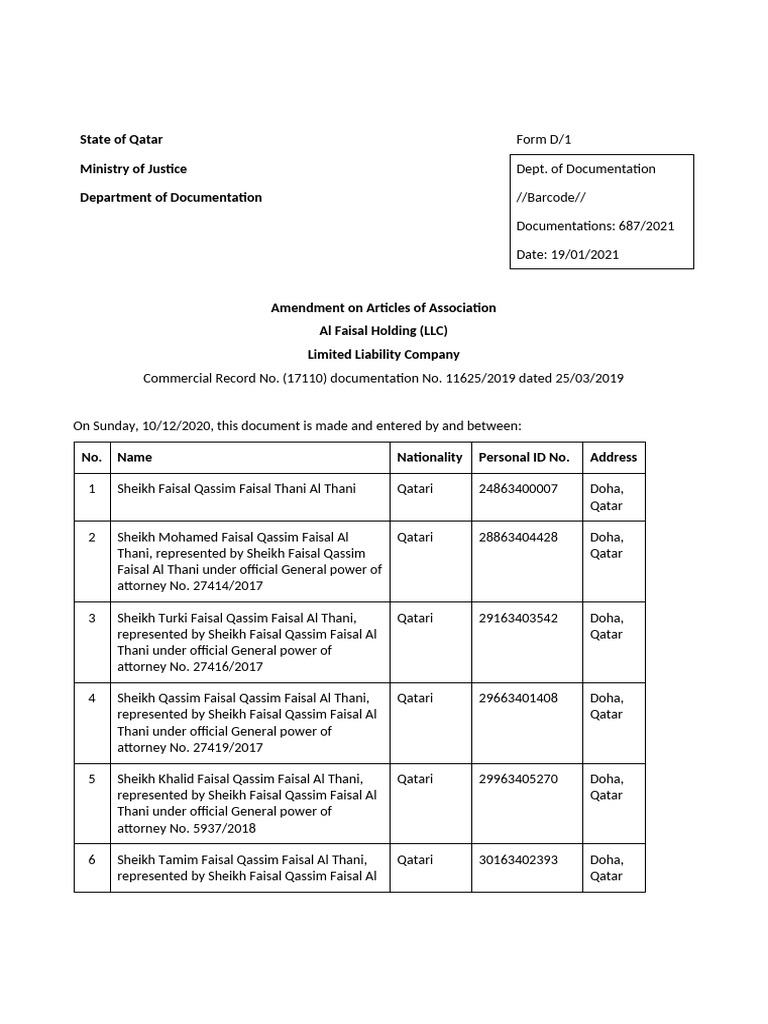 Al Faisal AOA Amendment | PDF | Qatar | Doha