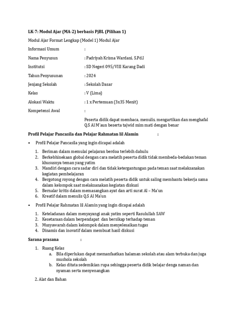Tugas Modul Ajar PJBL Padriyah | PDF