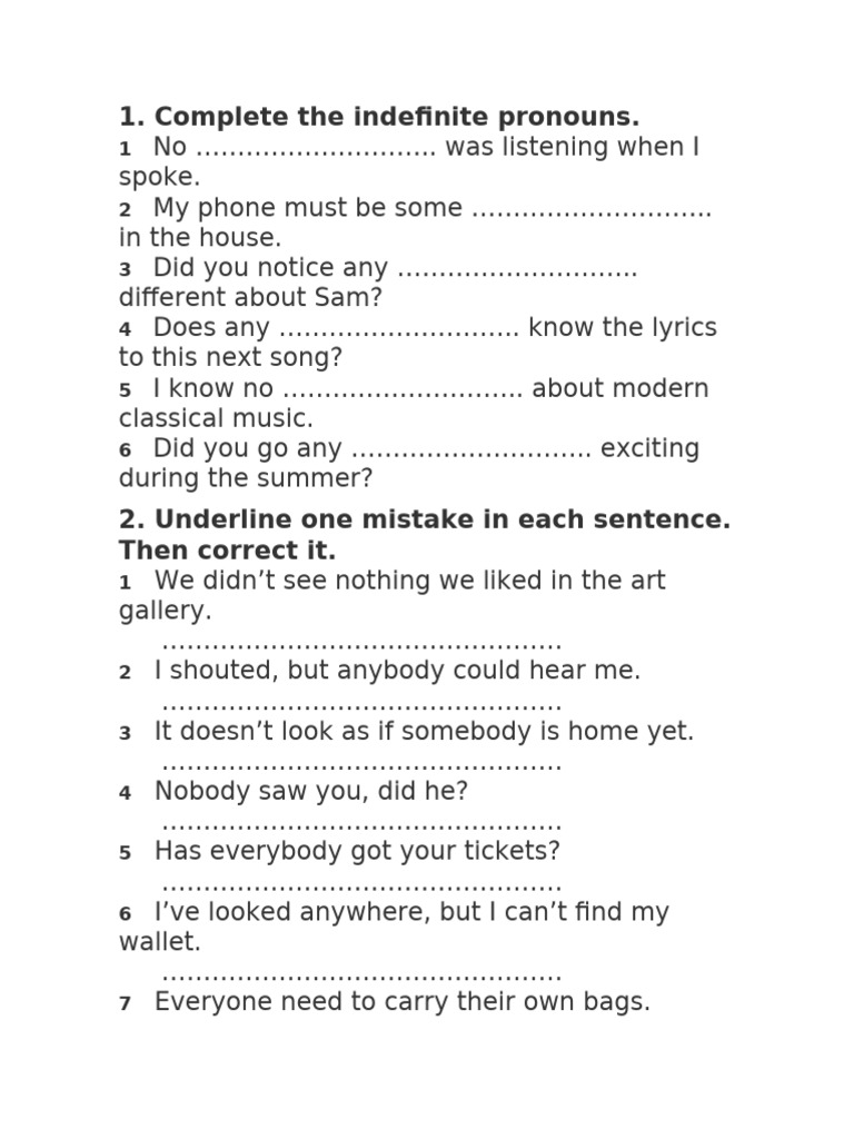 Indefinite Pronouns Practice Exercises | PDF