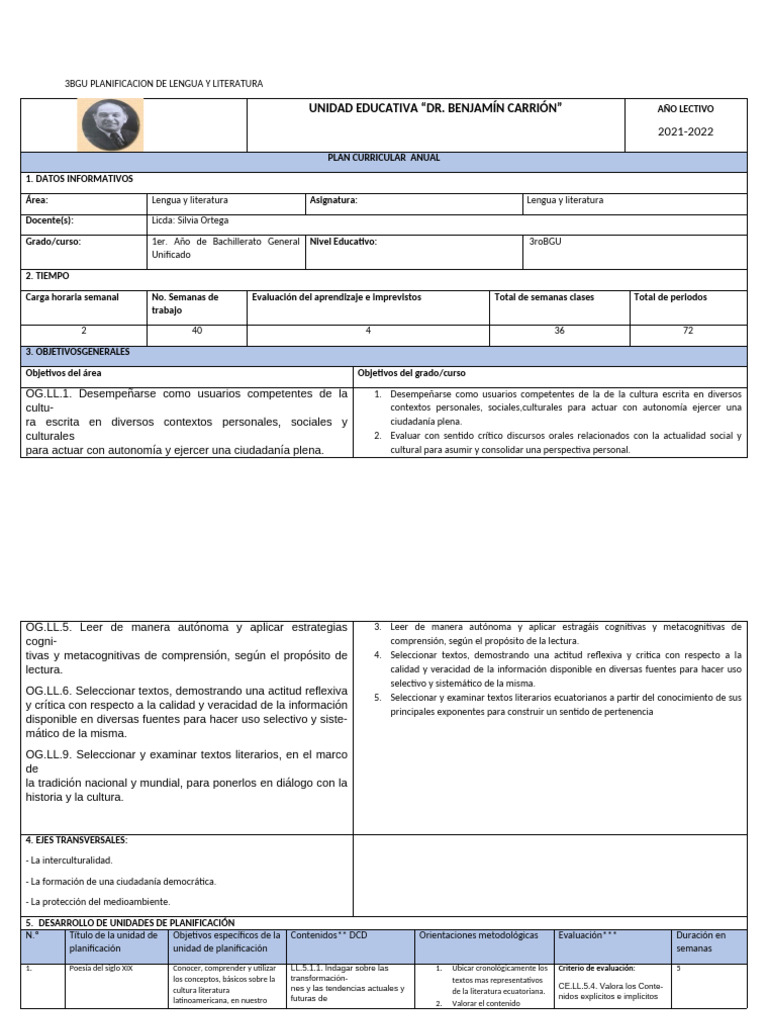 3bgu Planificacion de Lengua y Literatura | PDF | Maestros | Aprendizaje