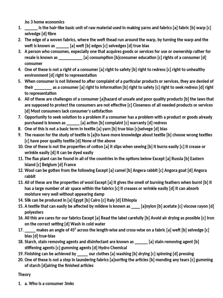 Home Economics For GPG Academy JSS 3 First Term Exam Question | PDF ...