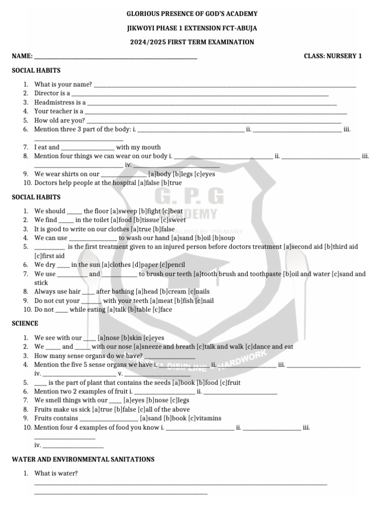 Nursery 1 First Term Exam Questions | PDF | Water | Foods