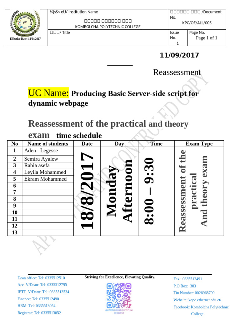 KPC of ALL 005 Re Exam Schedule | PDF