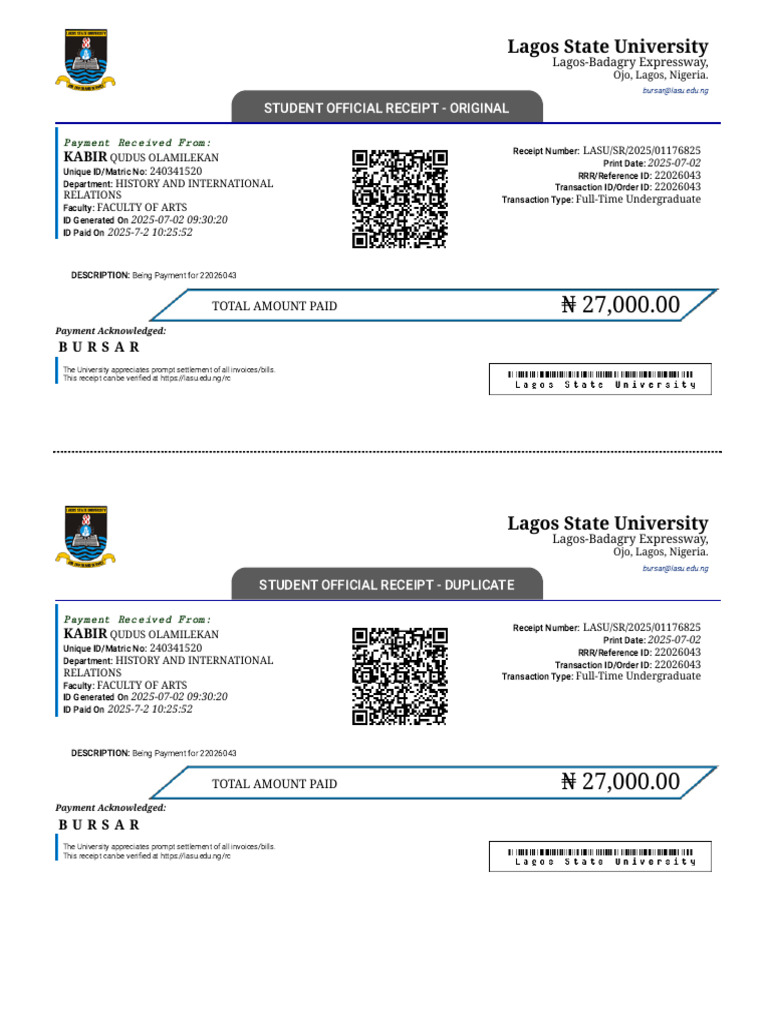 LASU Payment Receipt for Undergraduate | PDF | Receipt | Payments