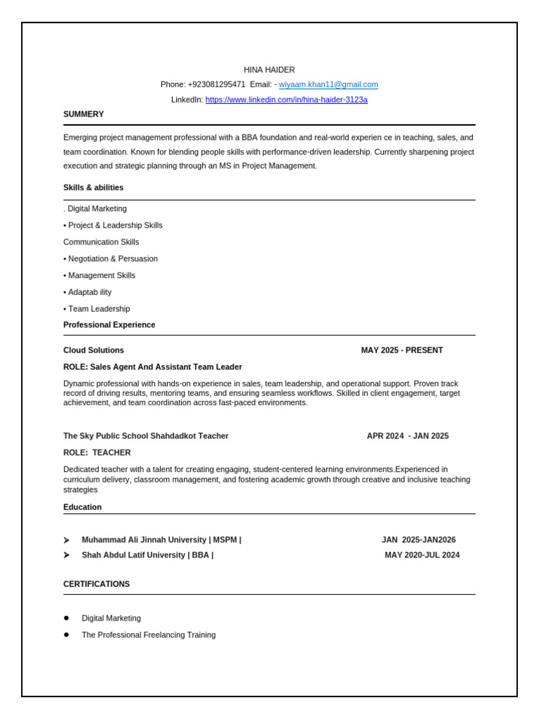 Hina Resume | PDF