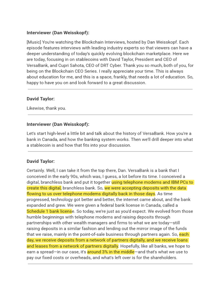 David Taylor on VersaBank and Stablecoins | PDF | Banks | Cryptocurrency