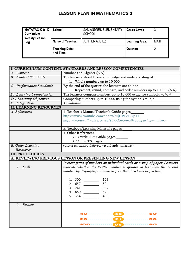 Lesson Plan in Mathematics 3 Samar 1 | PDF | Numbers | Curriculum
