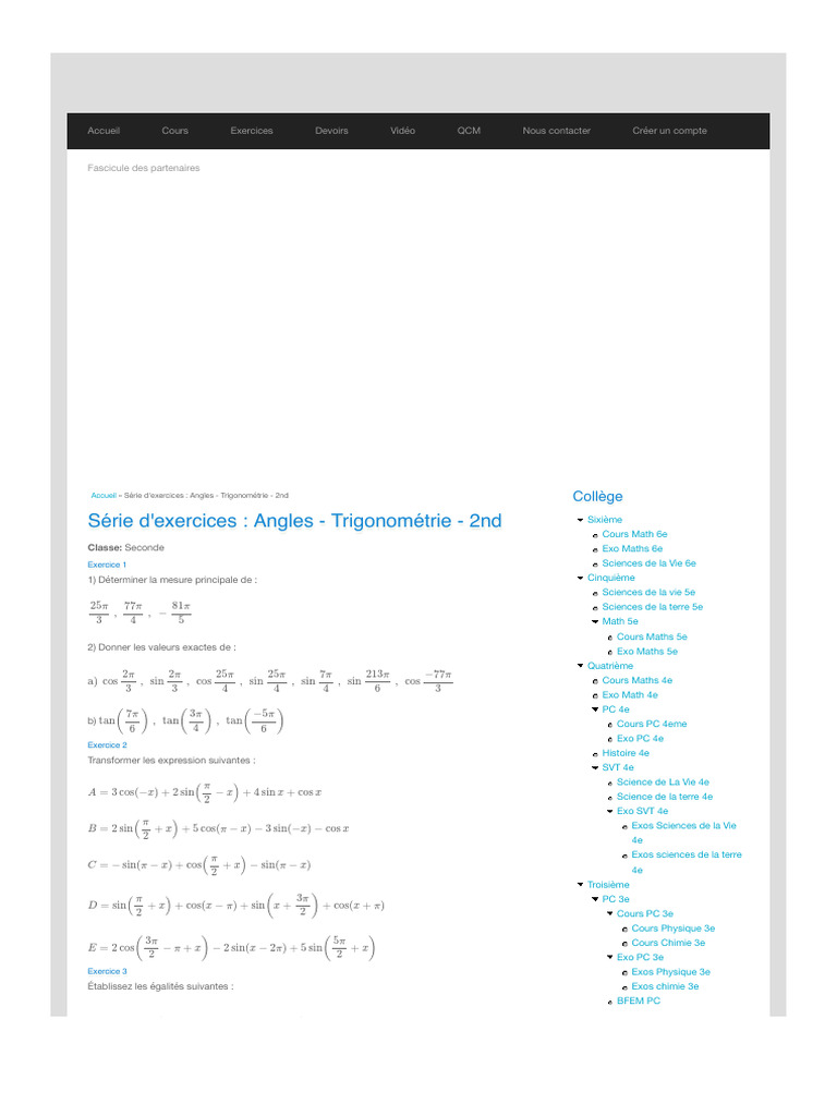 Exercices de Trigonométrie en Seconde | PDF | Angle | Sous-unités du degré