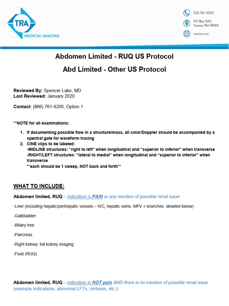 RUQ Limited Ultrasound Protocol | PDF | Liver | Kidney