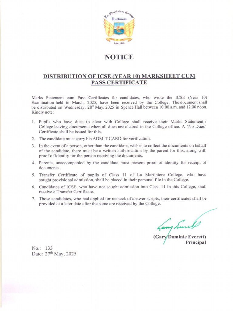 College Notice No. 133 of 2025 - Distribution of ICSE Result Docu | PDF