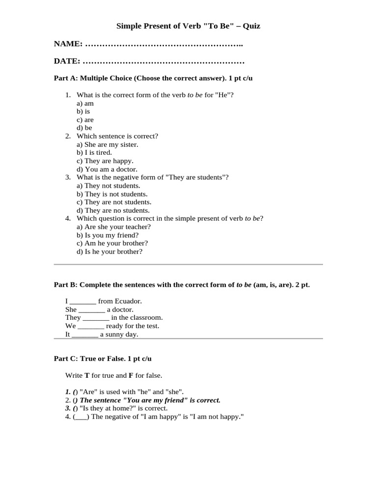 Simple Present "To Be" Quiz | PDF