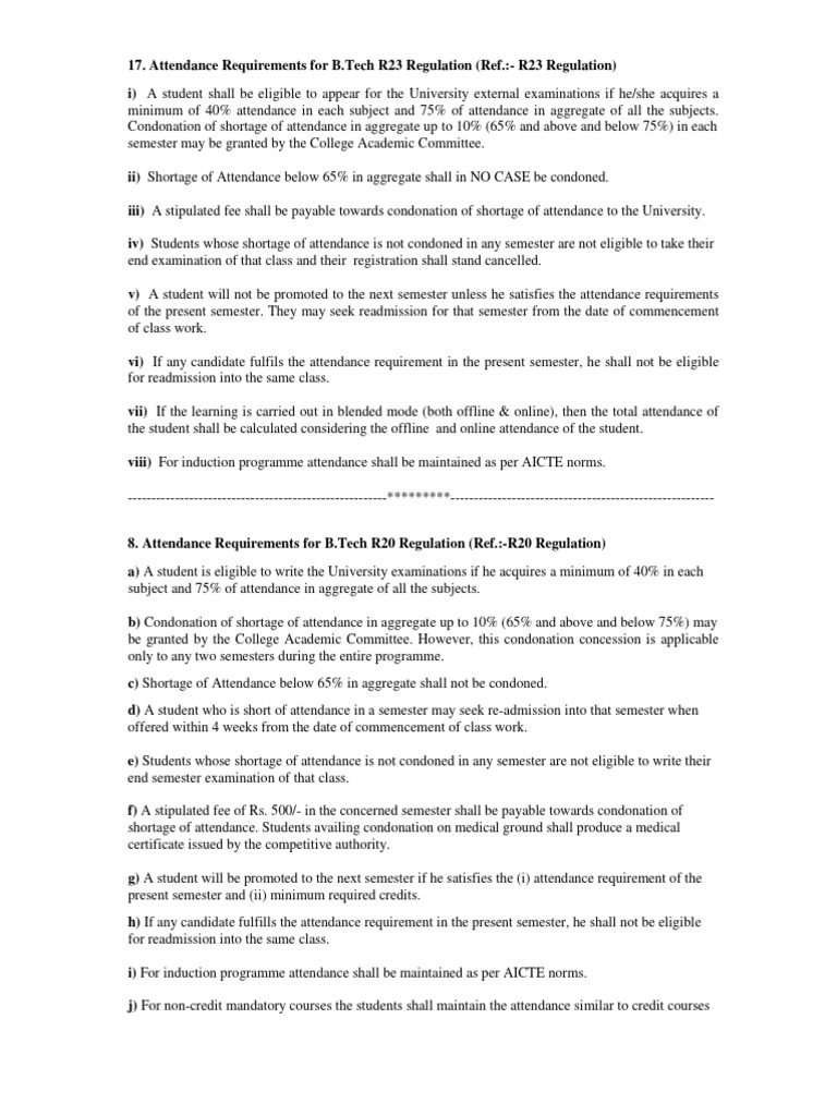 B.Tech Attendance Requirements Overview | PDF | Educational Stages
