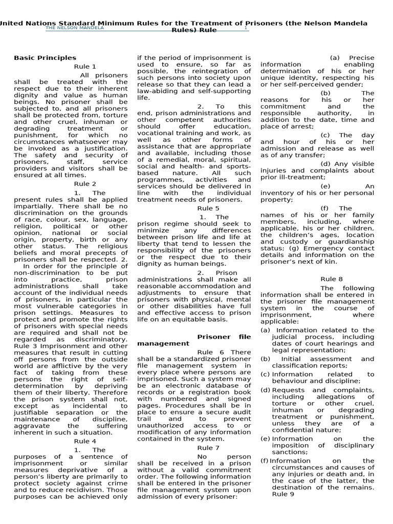 United Nations Standard Minimum Rules For The Treatment of Prisoners ...