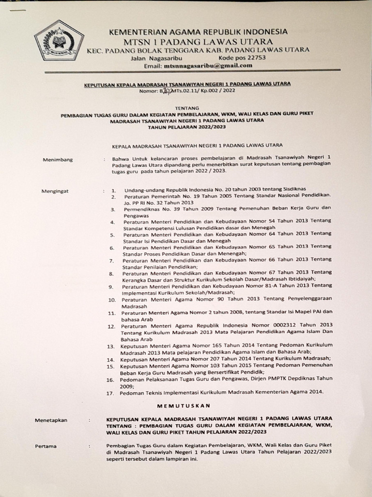 SK Pembagian Tugas 2022 2023 | PDF