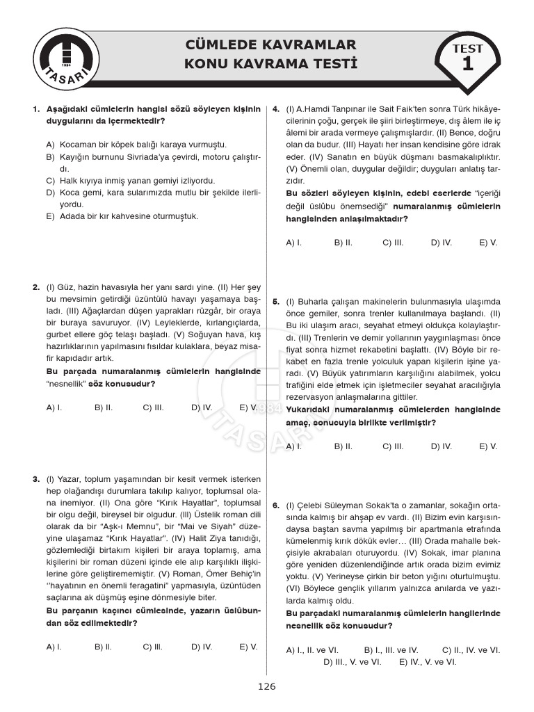 11 Cümlede Kavramlar Konu Kavrama Testleri̇ | PDF