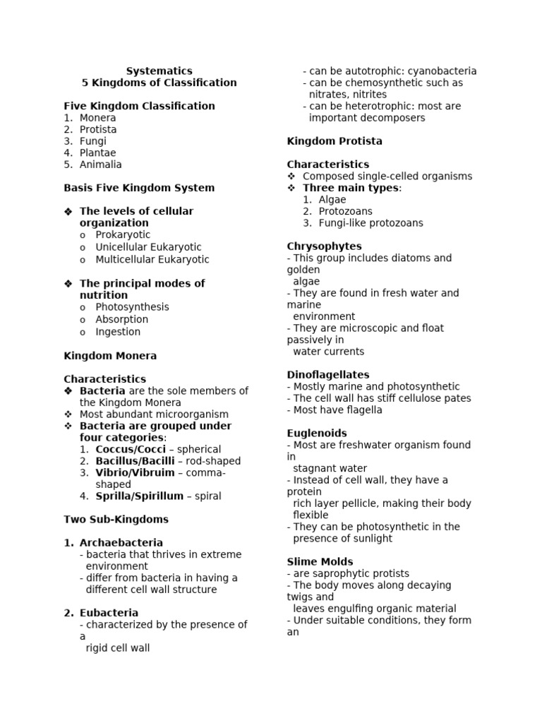 Systematics Five Kingdoms of Classification | PDF | Protozoa | Bacteria