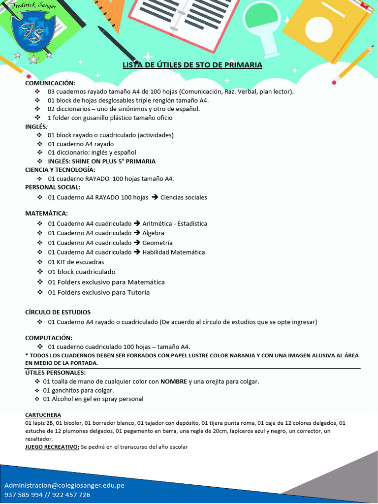 Lista de Útiles Escolares 5to Primaria | PDF