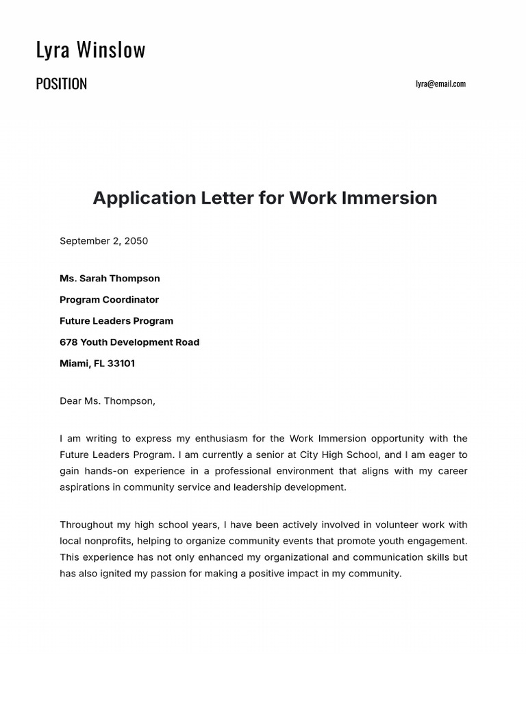 Application Letter For Work Immersion Template | PDF