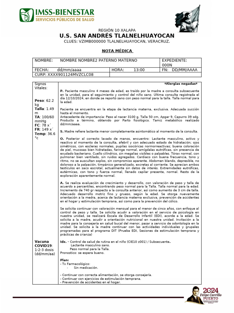 Nota Medica Niño Sano | PDF | Medicina CLINICA | Especialidades Medicas