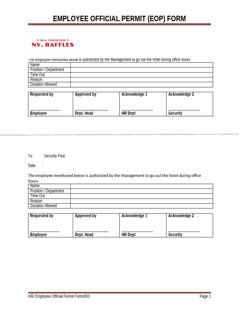 Employee Official Permit Form Template | PDF